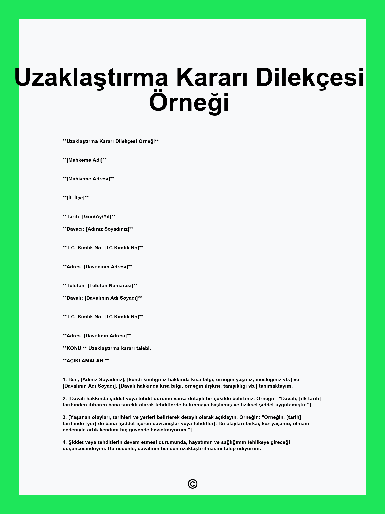 Uzaklaştırma Kararı Dilekçesi Örneği